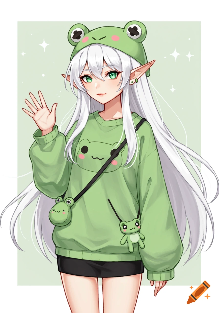 An anime elf girl with long white hair, green eyes, and elf ears ...