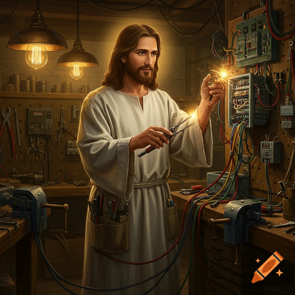 Jesus, with a glowing aura, works on electrical wiring in a dimly lit ...