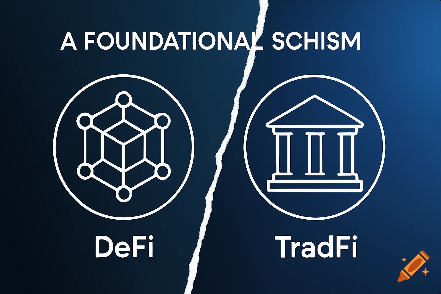 A comparison infographic titled "A Foundational Schism" between DeFi ...
