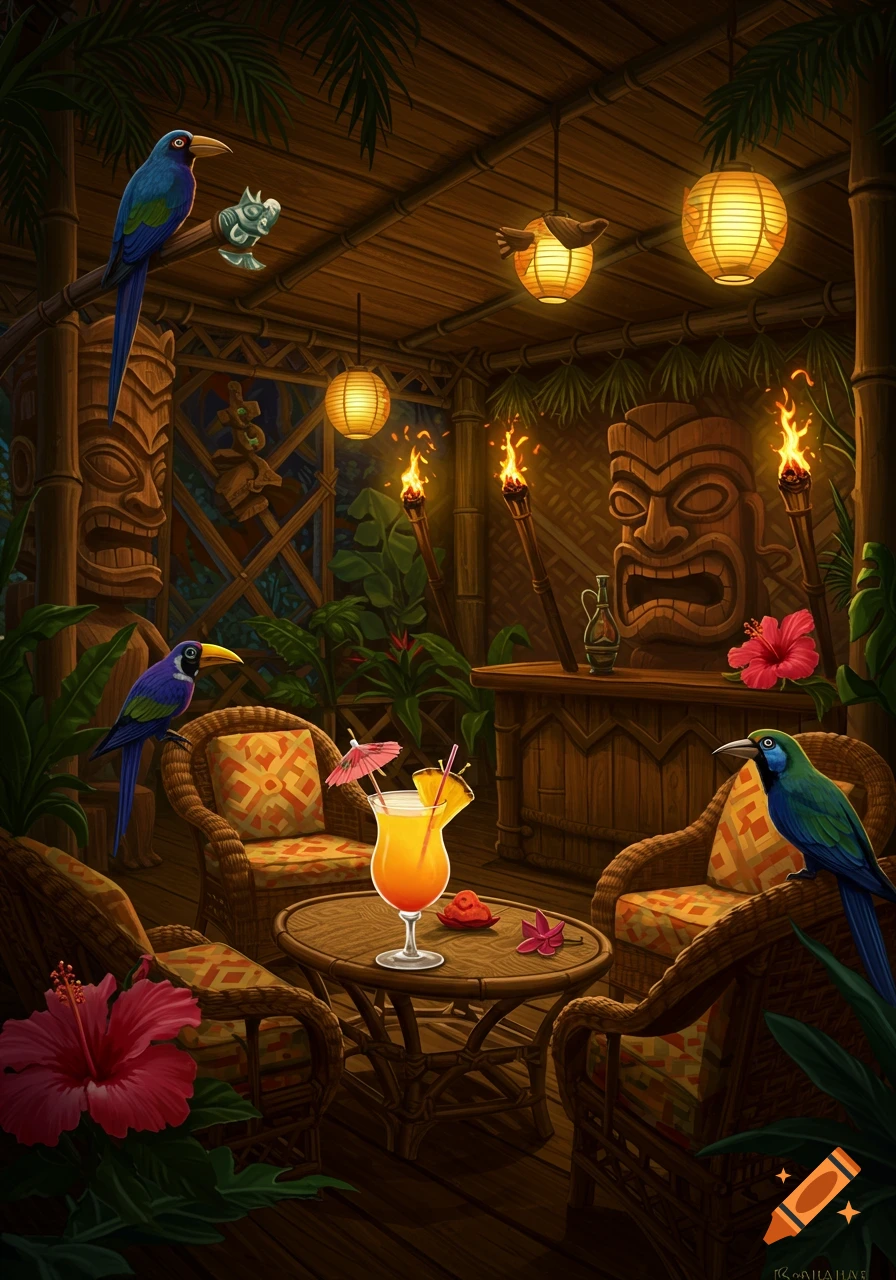 An illustration of an enchanted tiki room with tiki masks, glowing ...