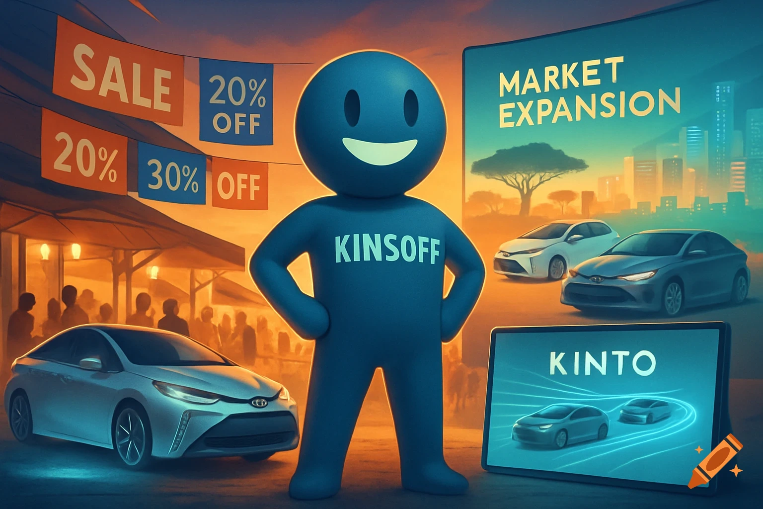 A smiling blue mascot figure stands in front of cars, "SALE" banners ...