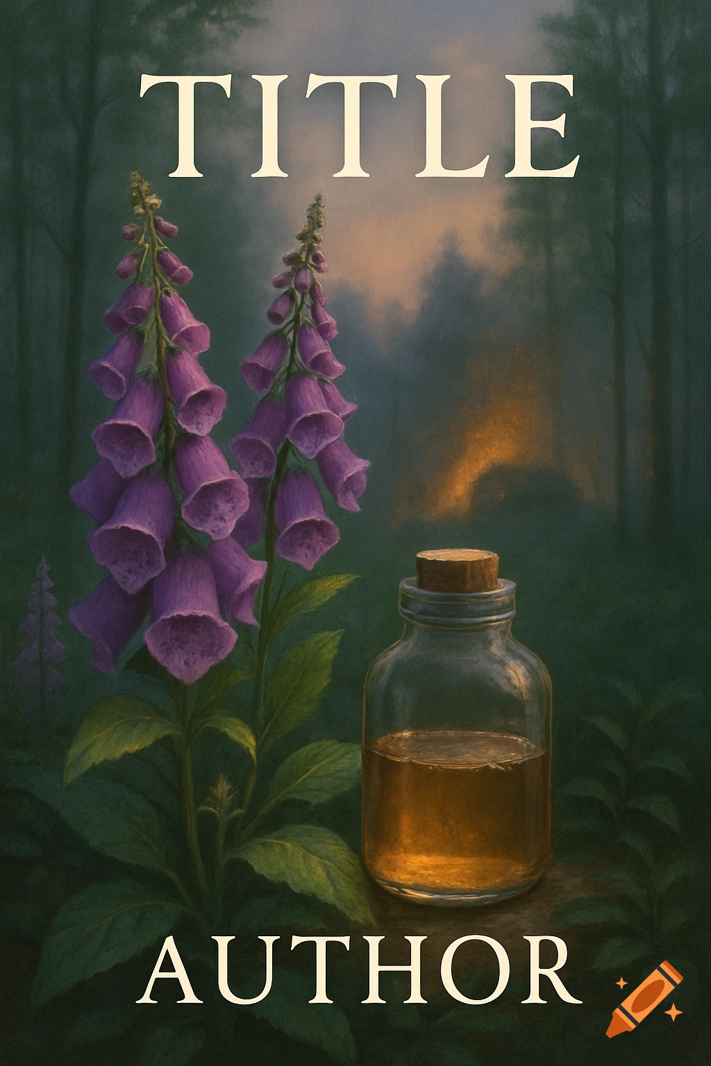 A book cover depicting two tall purple foxglove plants and a glass jar ...