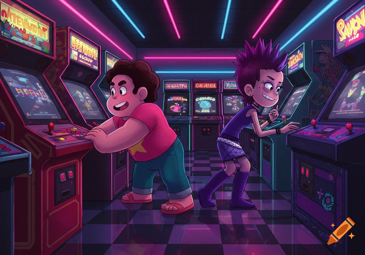 Cartoon characters Steven Universe and Luna Loud play arcade games in a ...