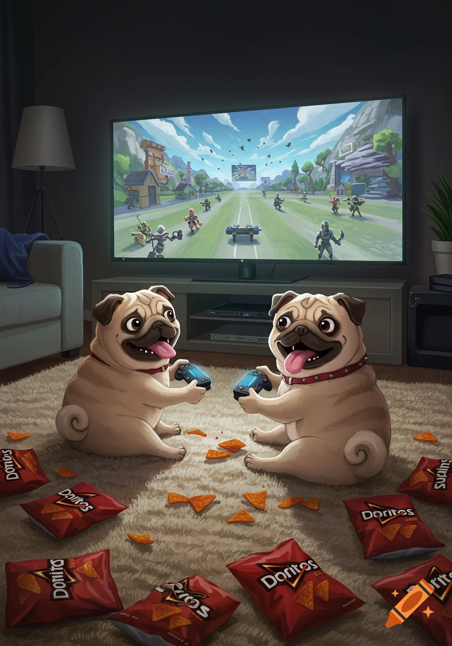 Two adorable pugs with controllers sit on a rug, surrounded by Doritos ...