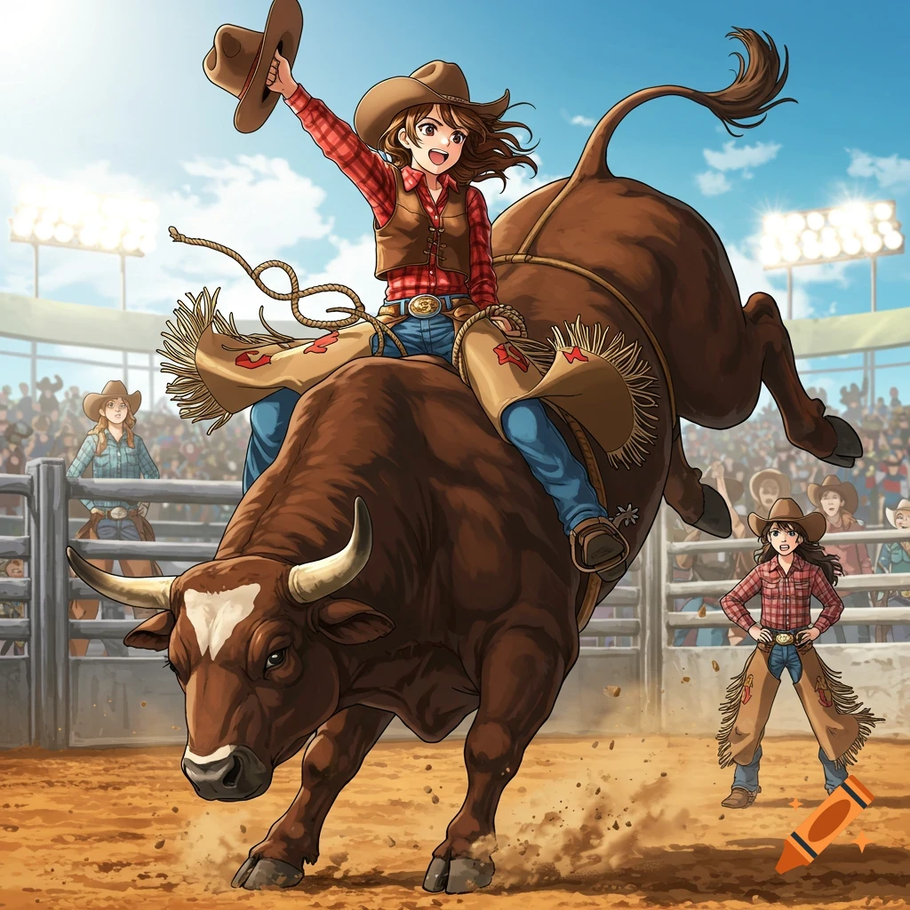 Illustration of a rodeo girl riding a bucking bull, holding her cowgirl ...