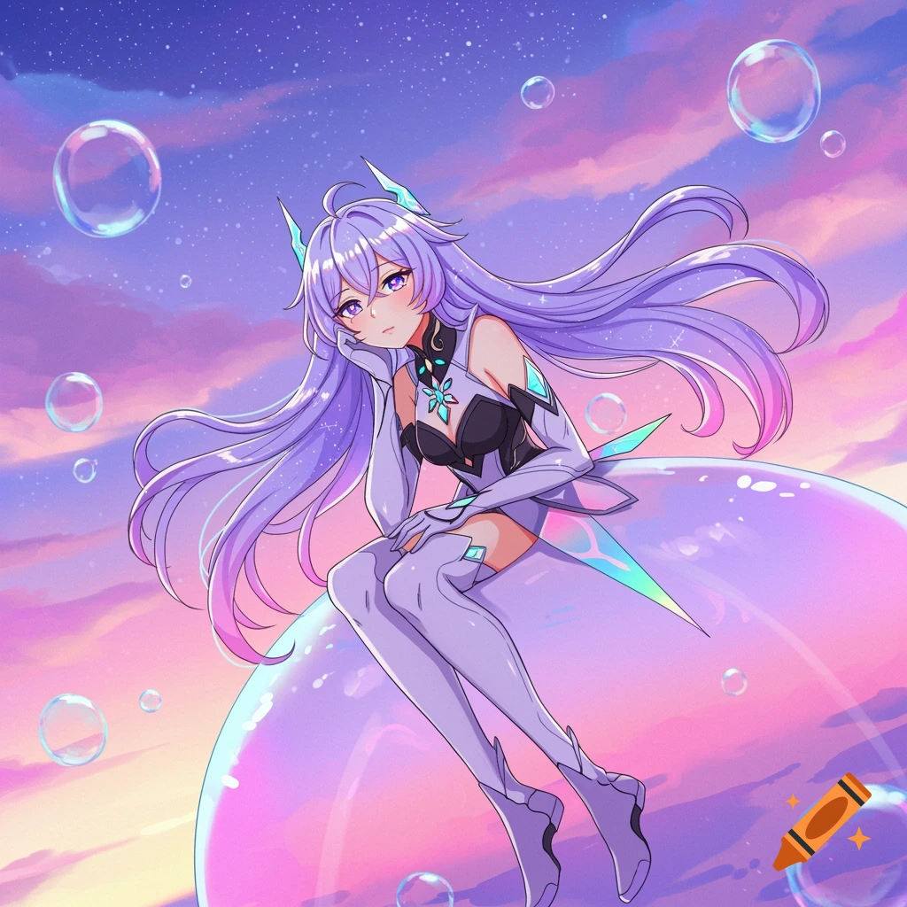 An anime girl with long pastel rainbow hair in a sailor uniform floats ...