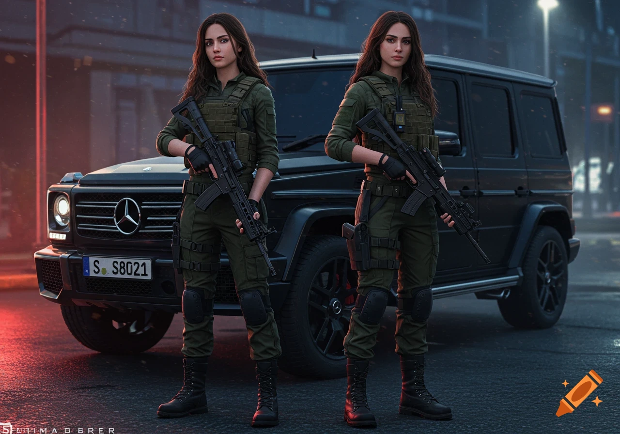 Two women in tactical gear holding rifles stand in front of a black ...