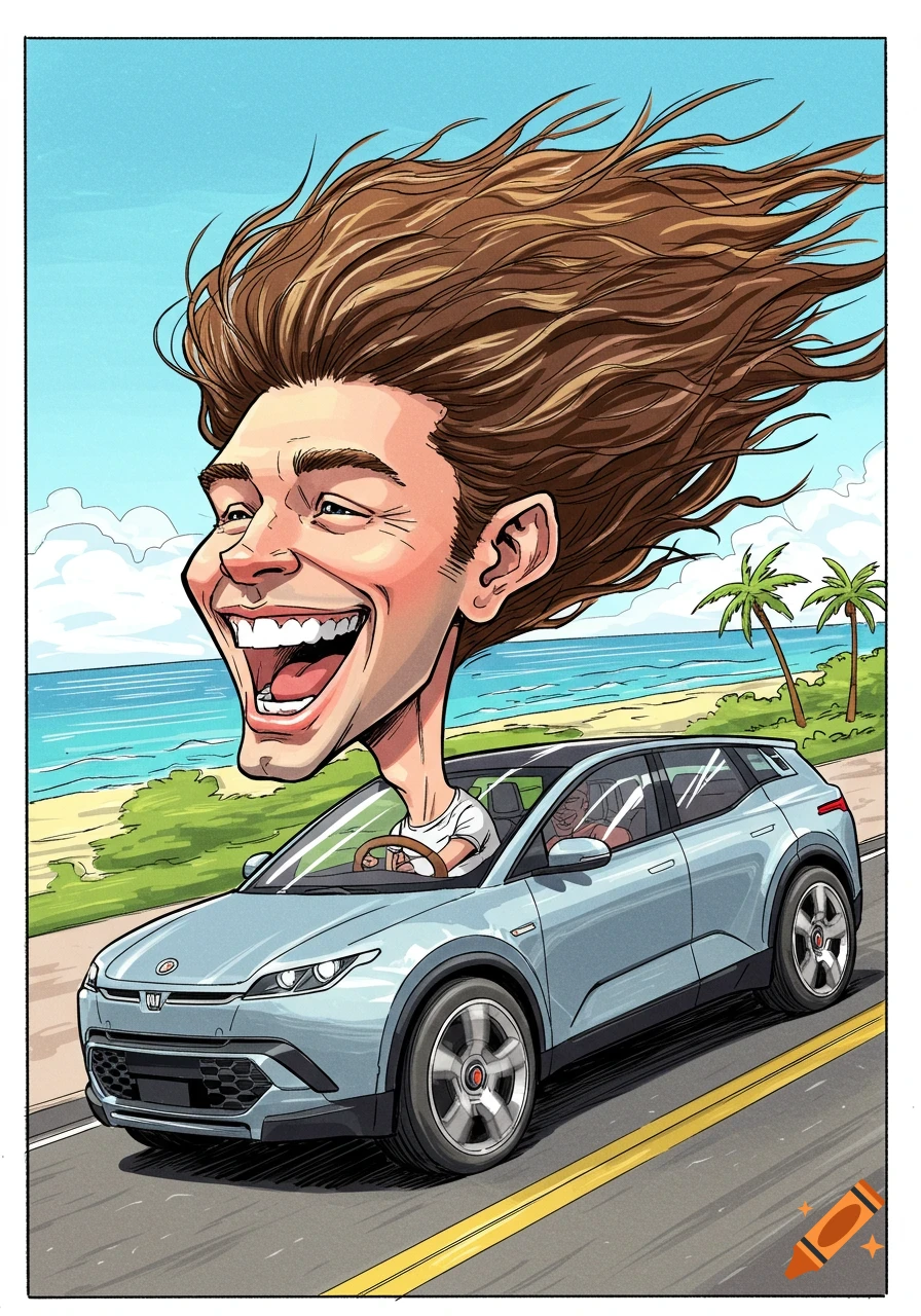 Caricature drawing of a smiling man with windswept hair driving a light ...