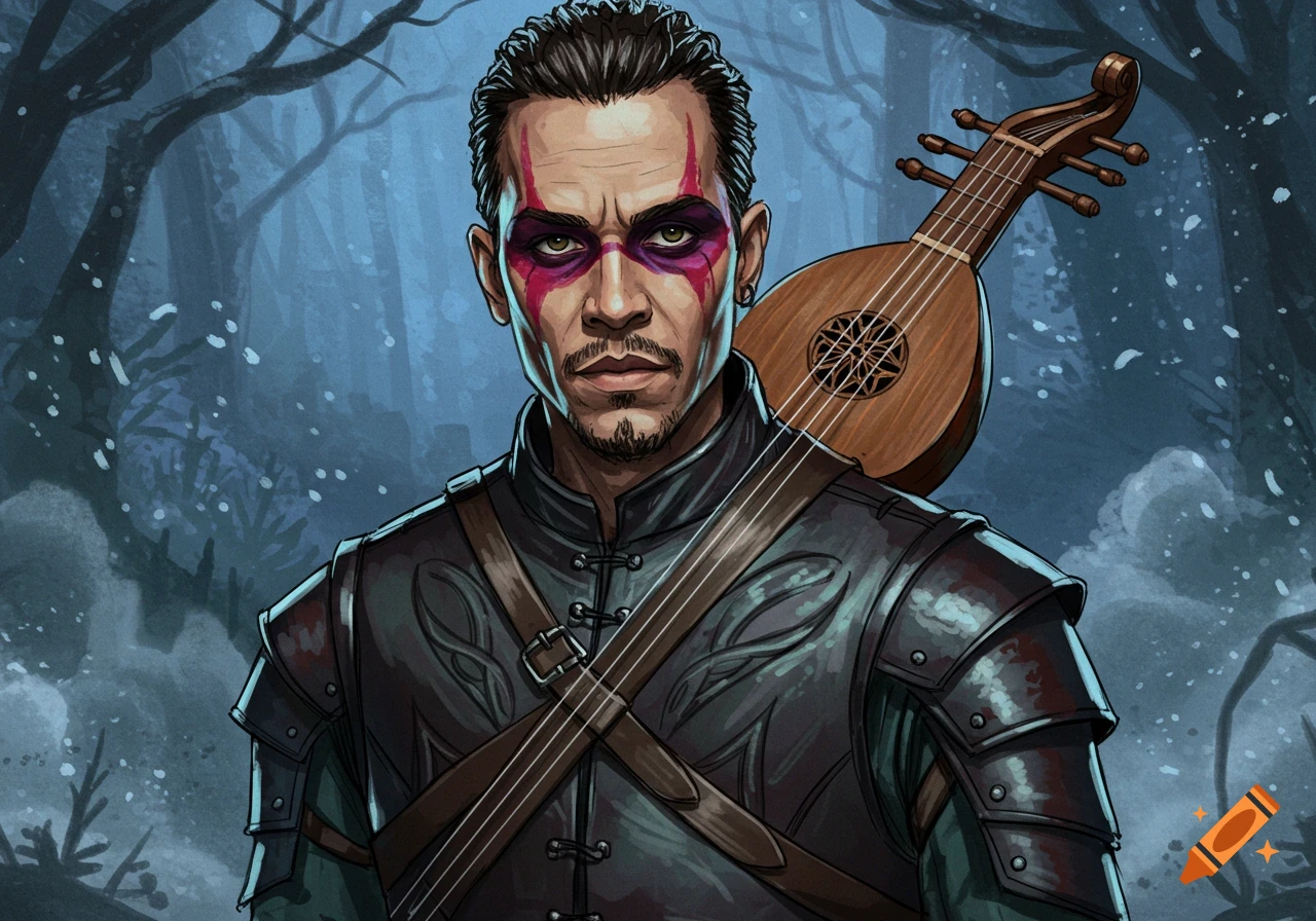 A man with red and purple face paint and fantasy armor carries a lute ...