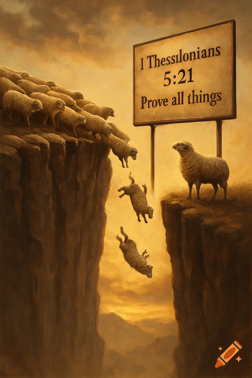 An illustrated image of sheep running off a tall cliff, with two sheep ...