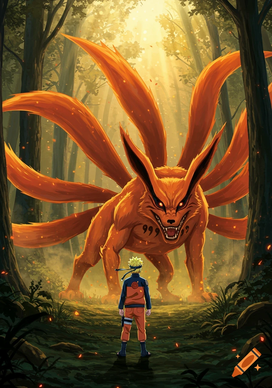 Naruto Uzumaki stands in a forest, facing the giant, orange nine-tailed ...