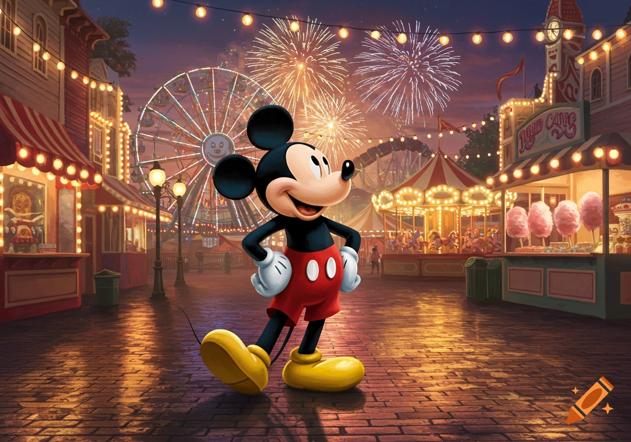 Mickey Mouse, with a furious expression, fires a flamethrower in a ...