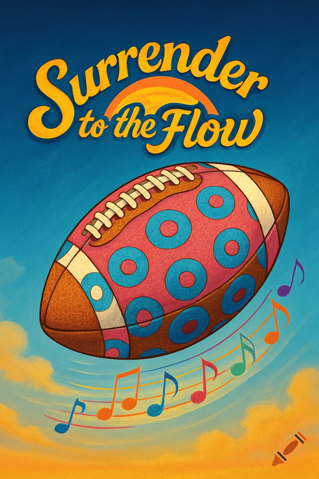 A stylized football with a pink and blue donut pattern, musical notes ...