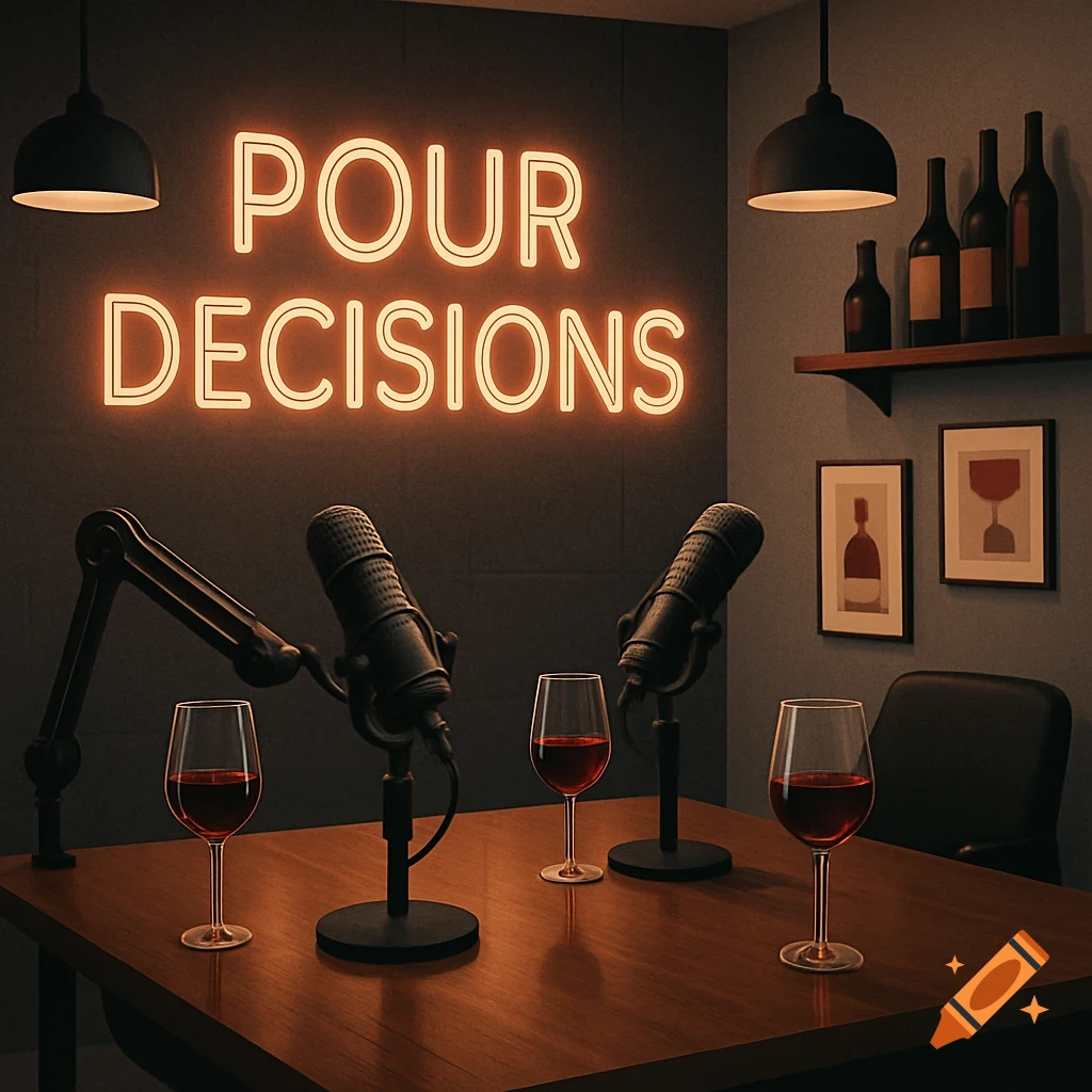A dimly lit podcast studio with a neon sign reading 'POUR DECISIONS ...