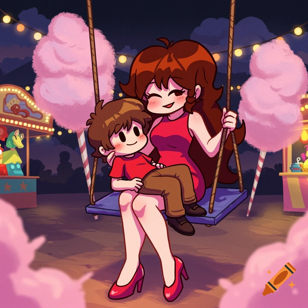 A cartoon woman in a red dress and a boy in a red shirt sit on a swing ...