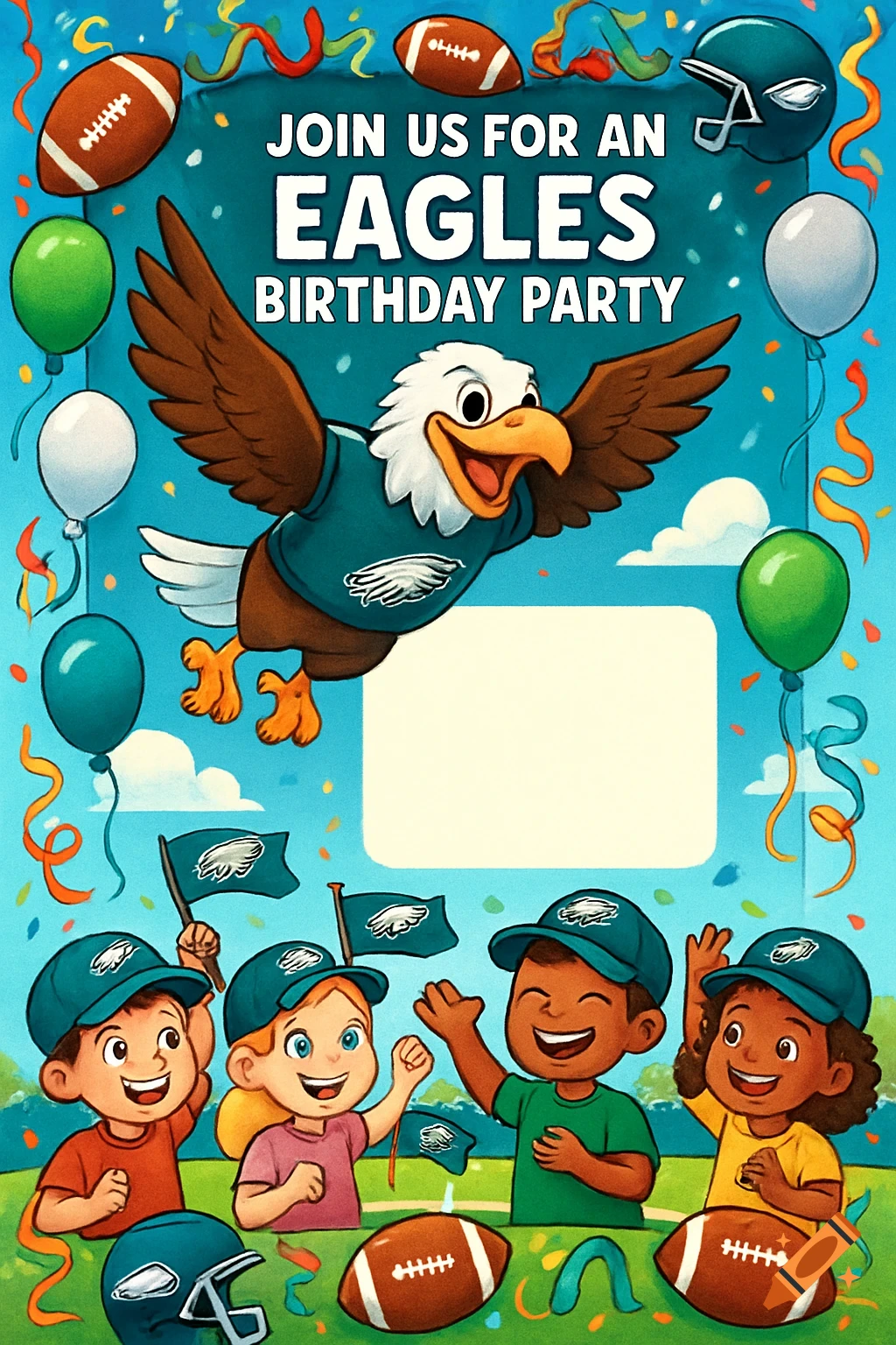 Colorful cartoon birthday invitation with an eagle mascot, three diverse children, footballs ...