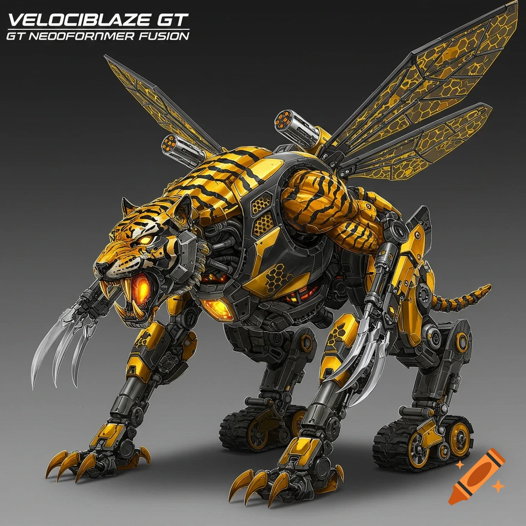 A futuristic yellow and black mechanical tiger with bee wings, tank ...