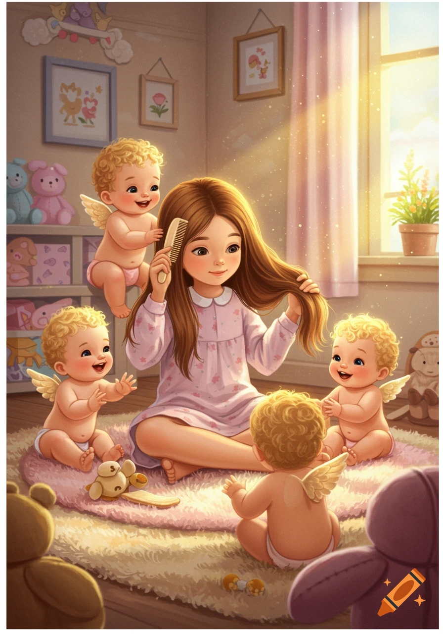 An illustration of a young girl combing her hair on a rug, surrounded ...