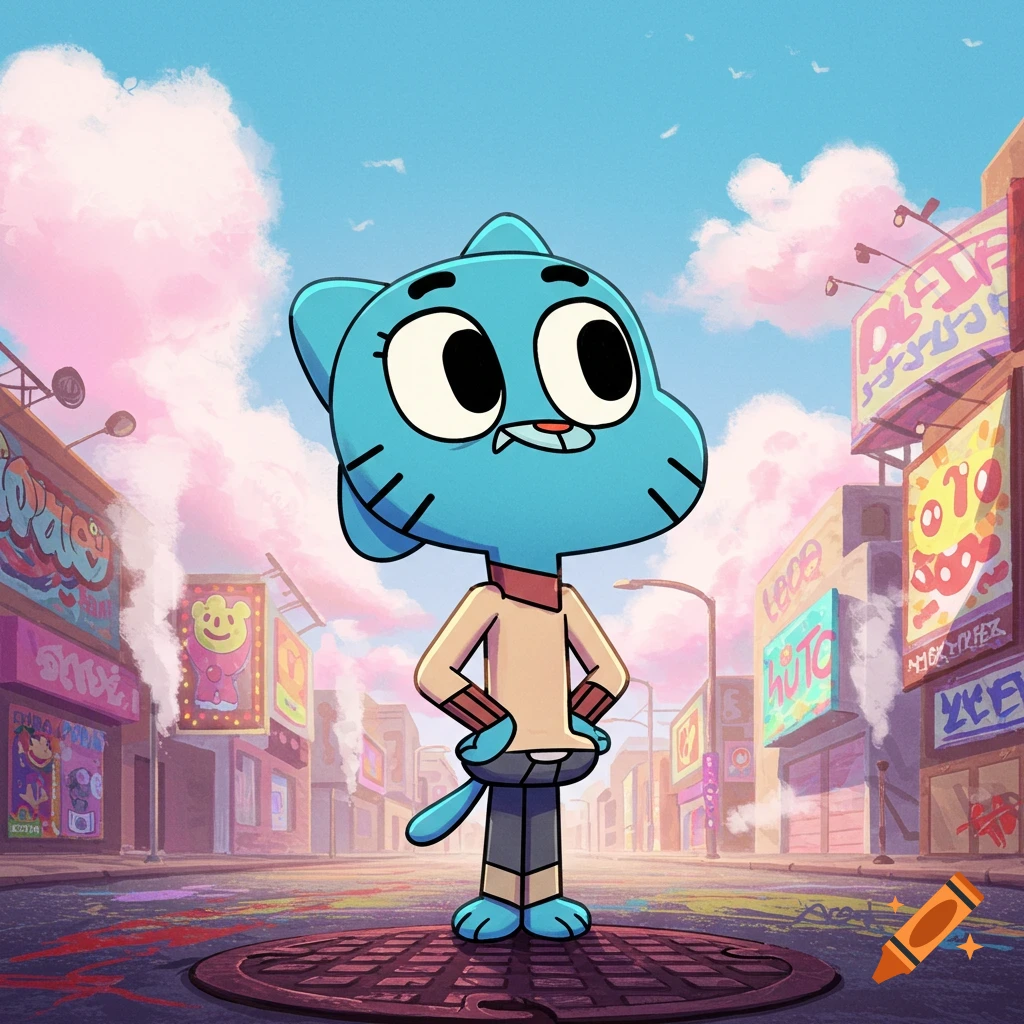 Gumball Watterson, a blue cartoon cat, stands in the middle of a city ...