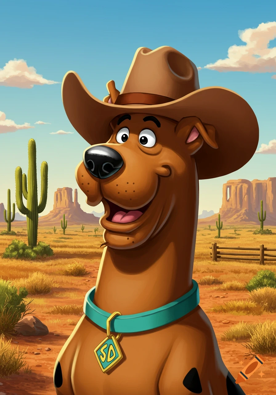 A cartoon Scooby-Doo wearing a cowboy hat in a desert landscape with ...