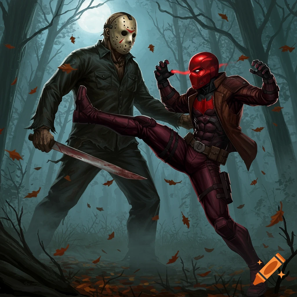 Jason Voorhees holds a bloody machete as Red Hood kicks him in a dark ...