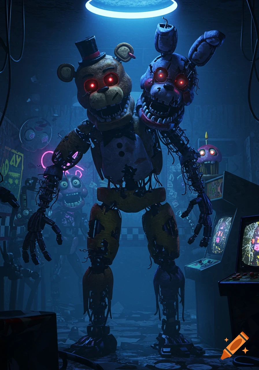 Freddy Fazbear with glowing red eyes and sharp claws stands menacingly ...
