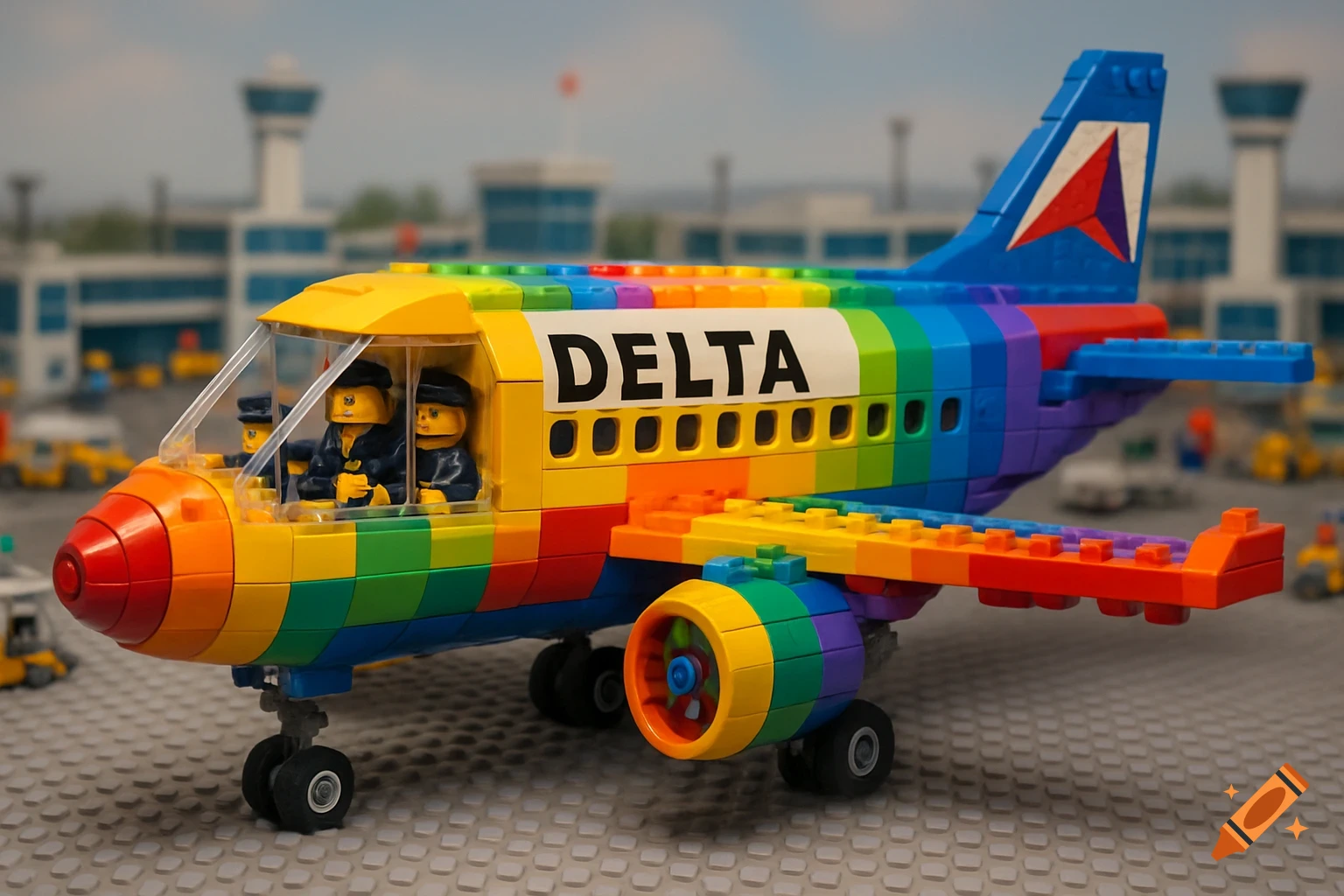 Three happy Lego men in a white sports car talk to a Lego soldier on a ...