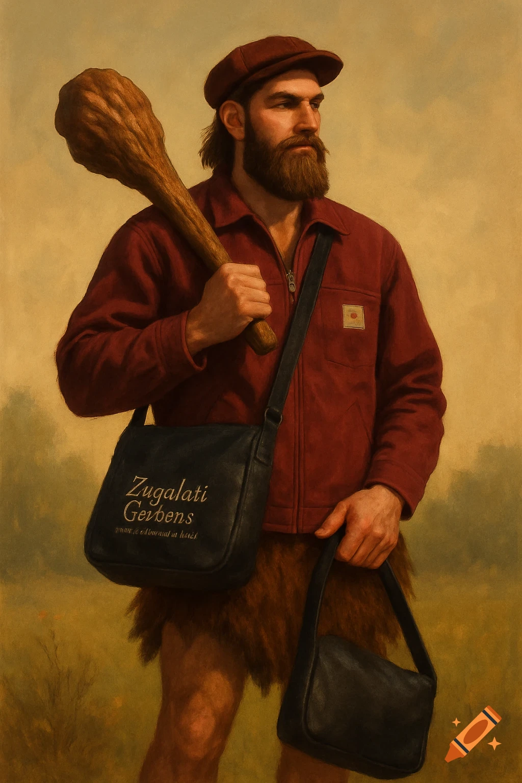 A bearded man in a red jacket, brown cap, and fur loincloth carries a ...