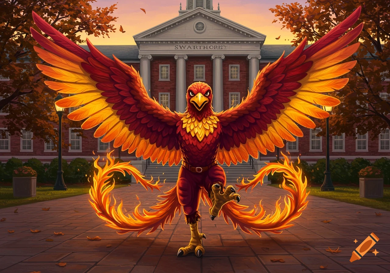 A vibrant red and orange phoenix mascot with wings spread, standing on ...