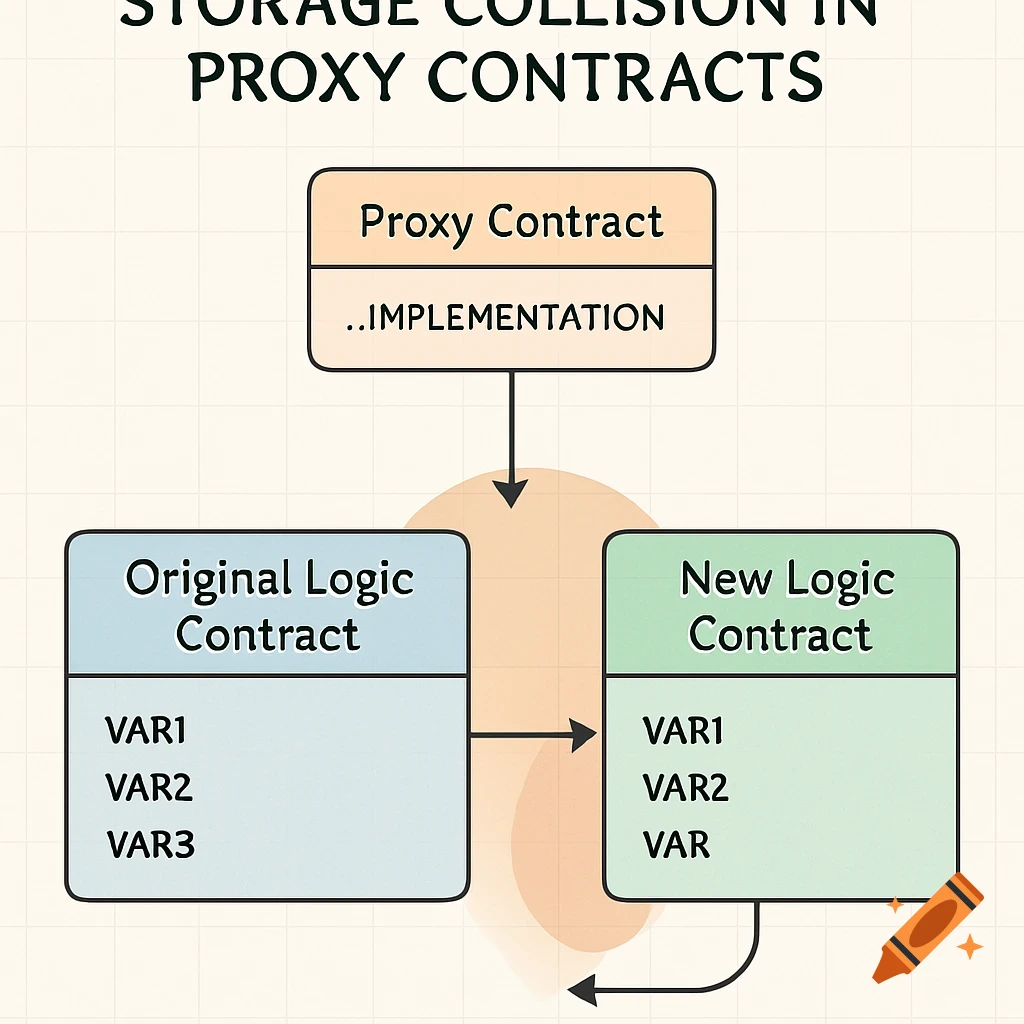 A technical diagram illustrating storage collision in proxy contracts, showing flow between ...