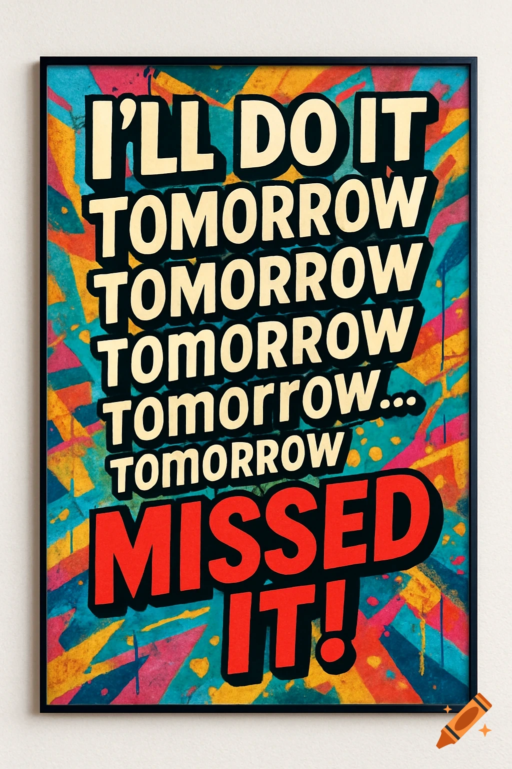 A framed motivational poster with the text "I'LL DO IT TOMORROW ...