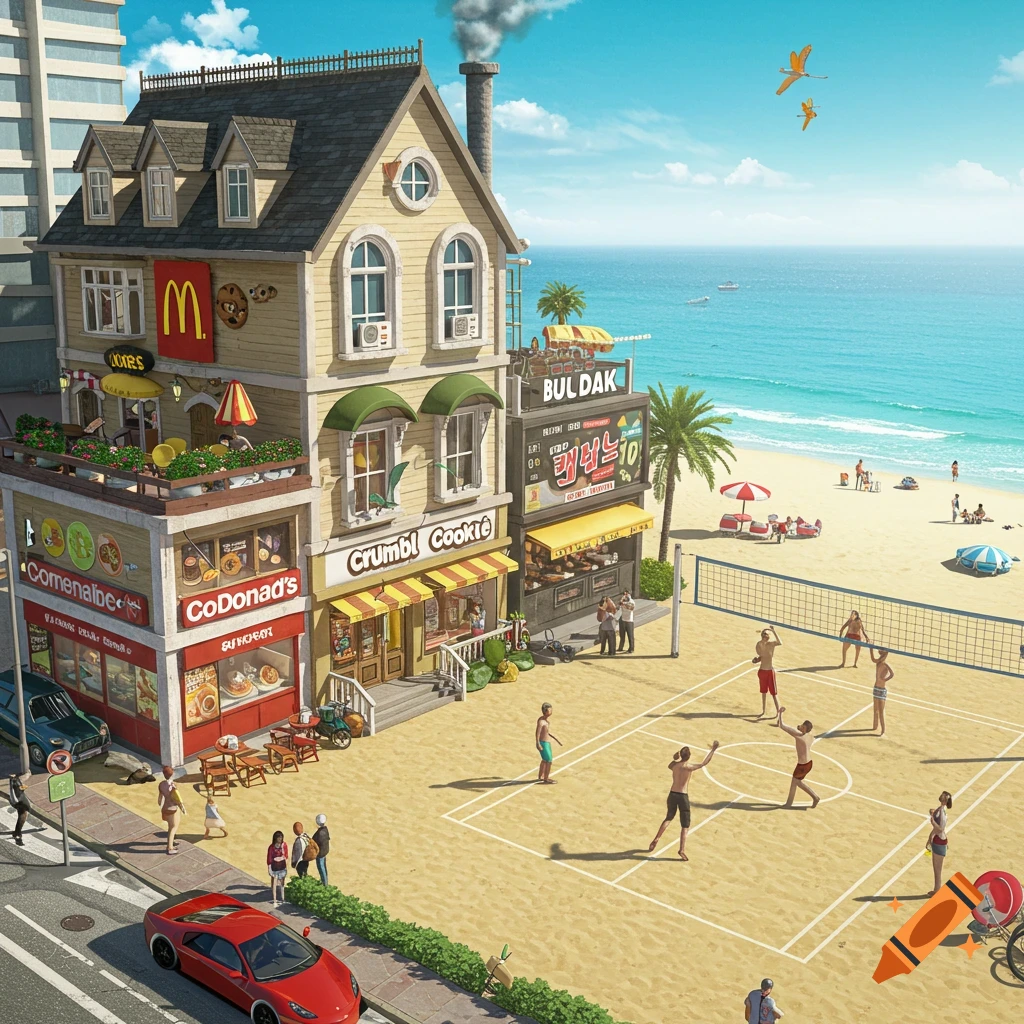 A vibrant, sunny scene with a multi-story building featuring various ...