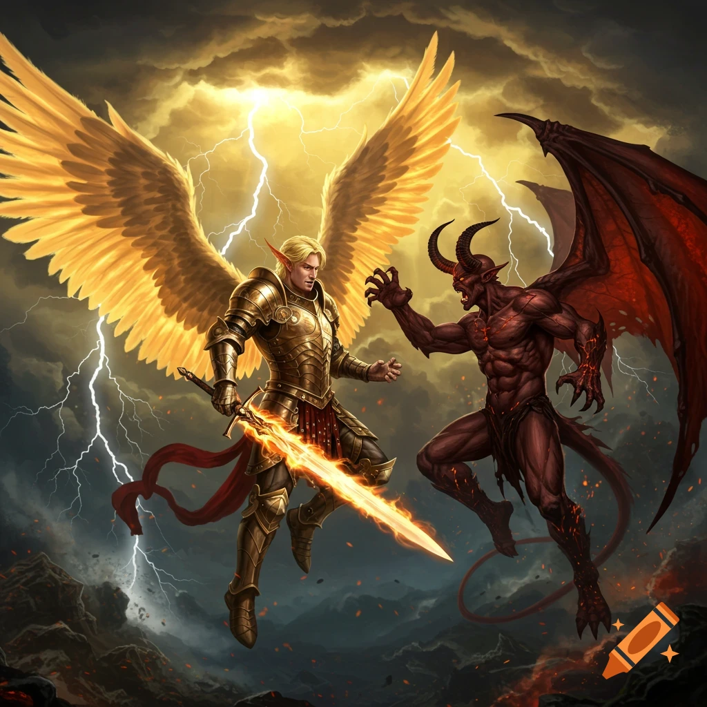 A golden-armored angel with large wings wields a flaming sword ...
