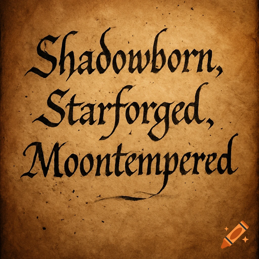 Calligraphic text 'Shadowborn, Starforged, Moontempered' on old ...