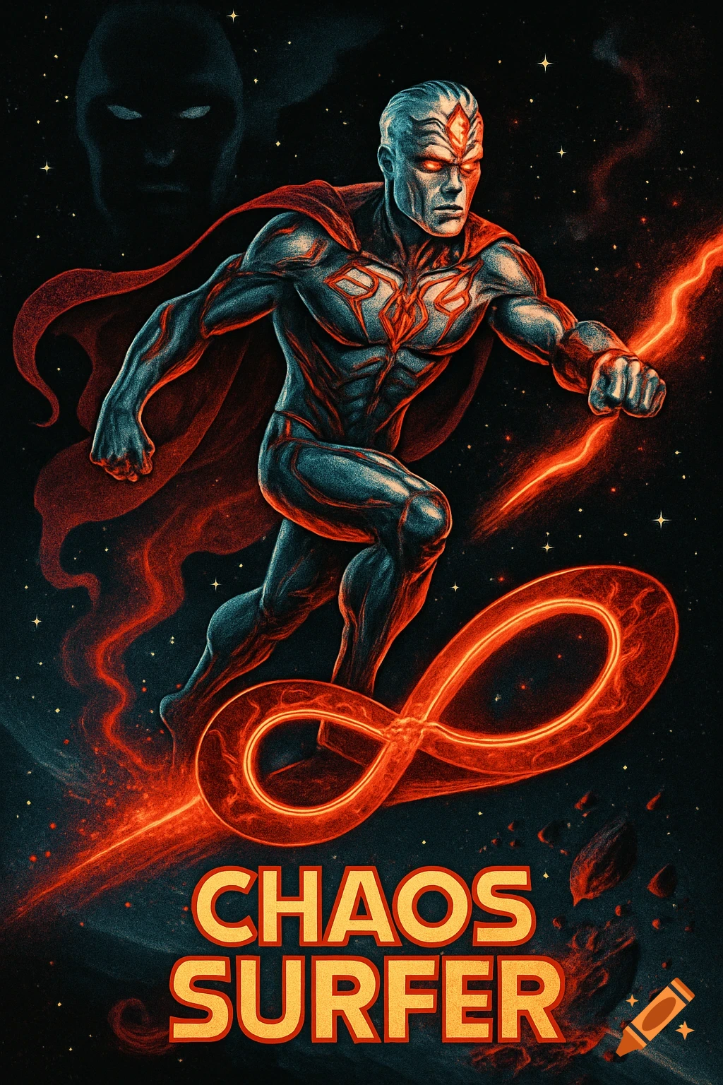 Silver Surfer flies above a chrome half-pipe, set against a vibrant ...