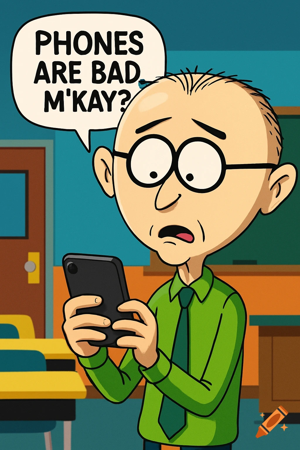 Cartoon of Mr. Mackey looking at a phone in a classroom, with a speech ...