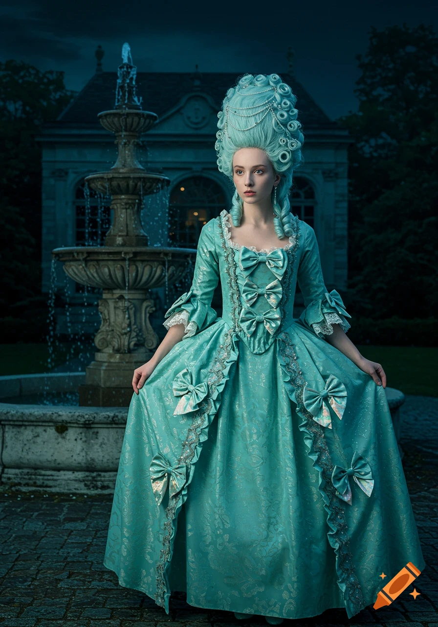 Young woman in a pale turquoise Rococo gown with powdered hair stands ...