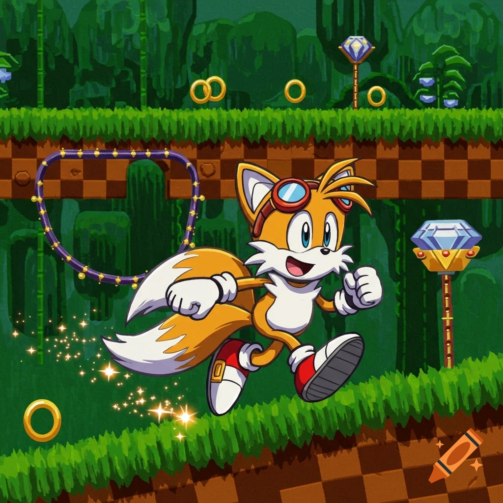 A vibrant 2D illustration of Tails, the orange fox, running through a ...