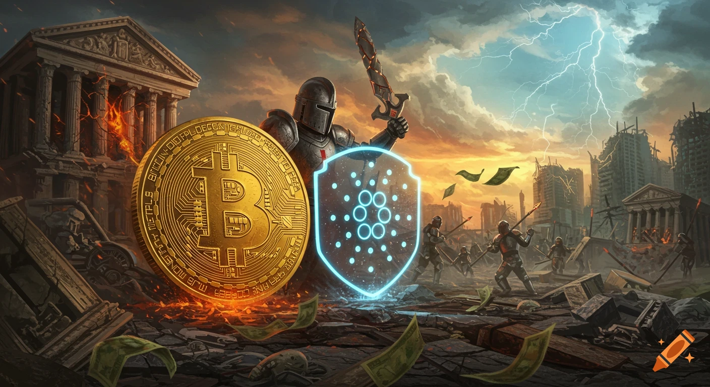 A knight with a glowing Cardano shield and sword stands next to a giant ...