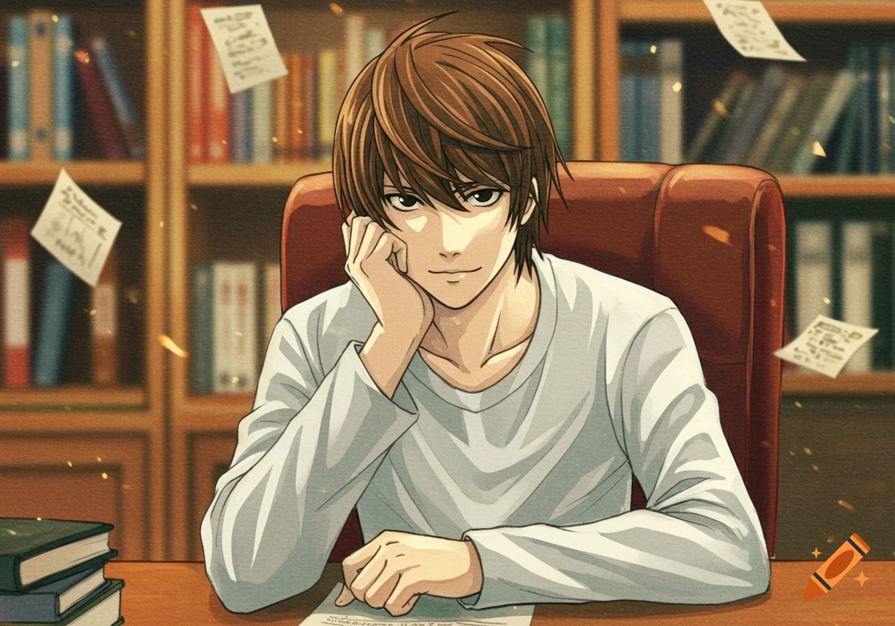 Anime character Light Yagami sits at a desk in a watercolor style ...