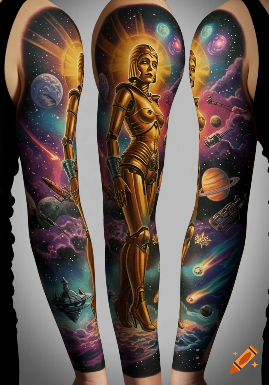 A full arm tattoo sleeve depicting the golden robot Maria from ...