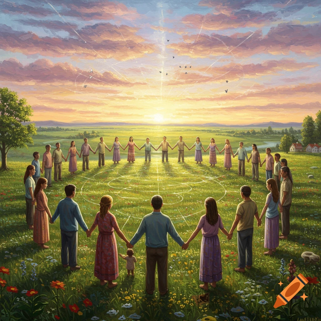 A diverse group of people holding hands in a circle in a green field at ...