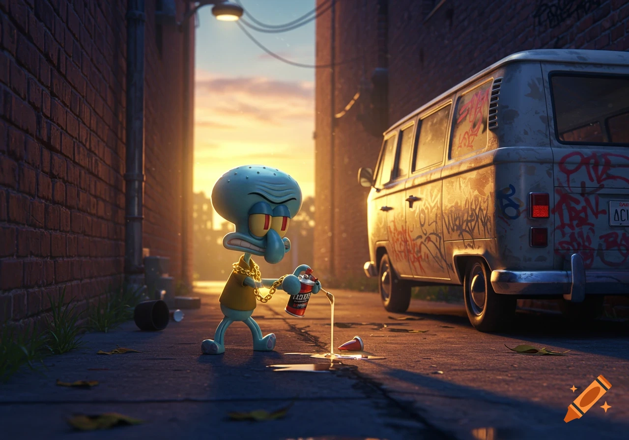 Squidward in an alleyway, wearing a gold chain and spraying glue on the ...