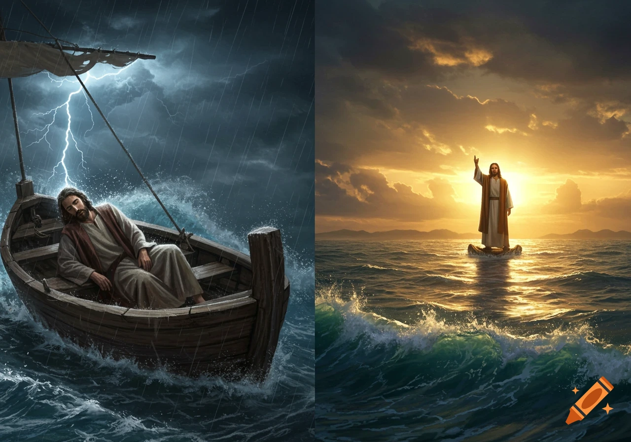 A split image showing Jesus. On the left, he sleeps in a boat during a ...