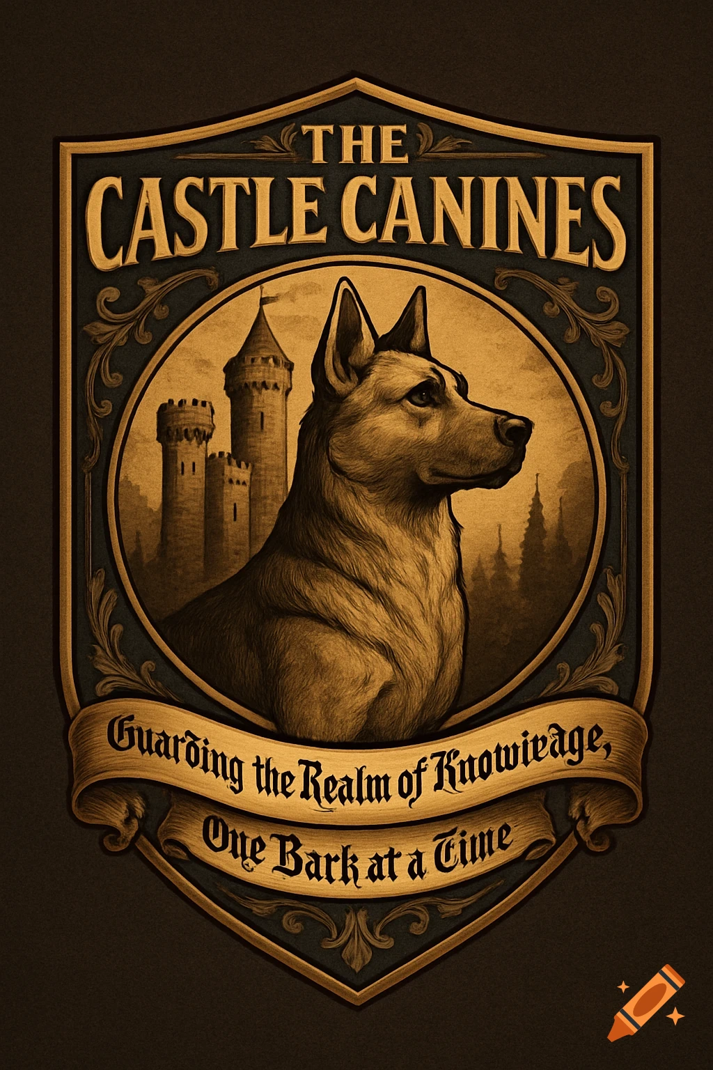 A shield-shaped logo featuring a brown dog in profile against a castle ...