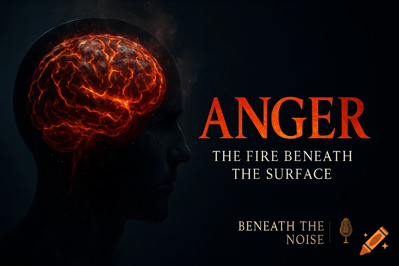 Dark silhouette of a human head with a glowing, fiery brain, and text ...