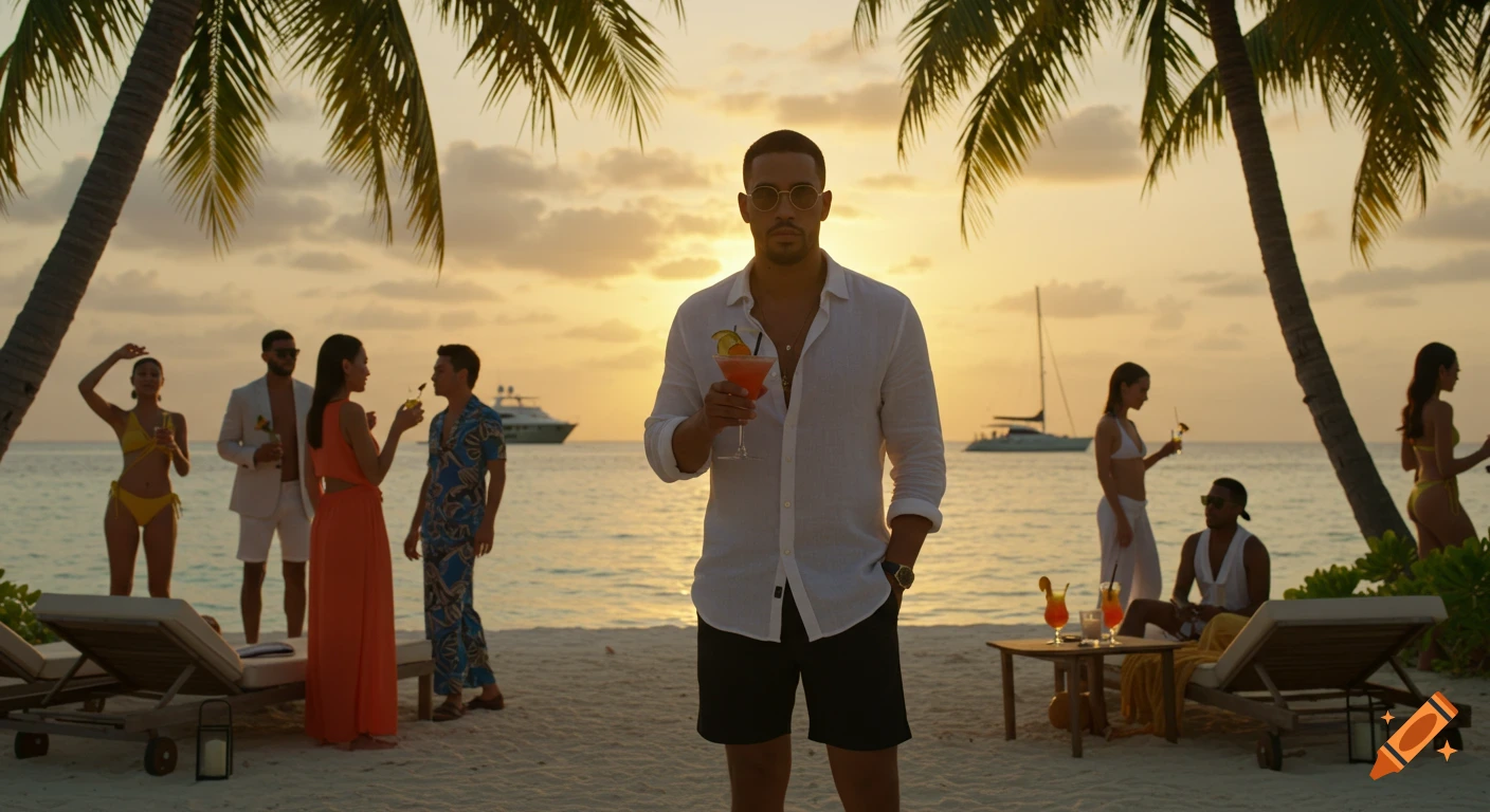 A stylish man holds a cocktail on a luxury tropical beach at sunset ...