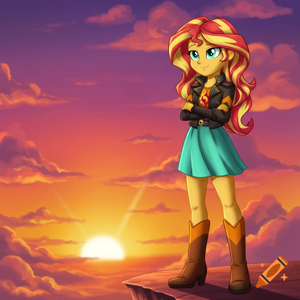 Sunset Shimmer, an animated girl with red and yellow hair, stands on a ...