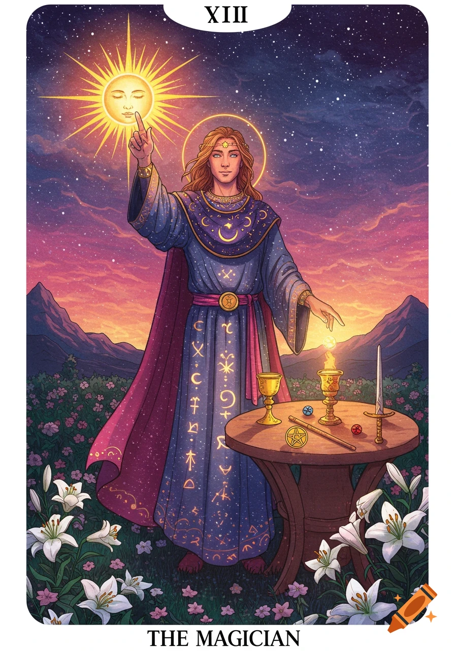 Vibrant tarot card illustration of The Magician standing in a field at ...