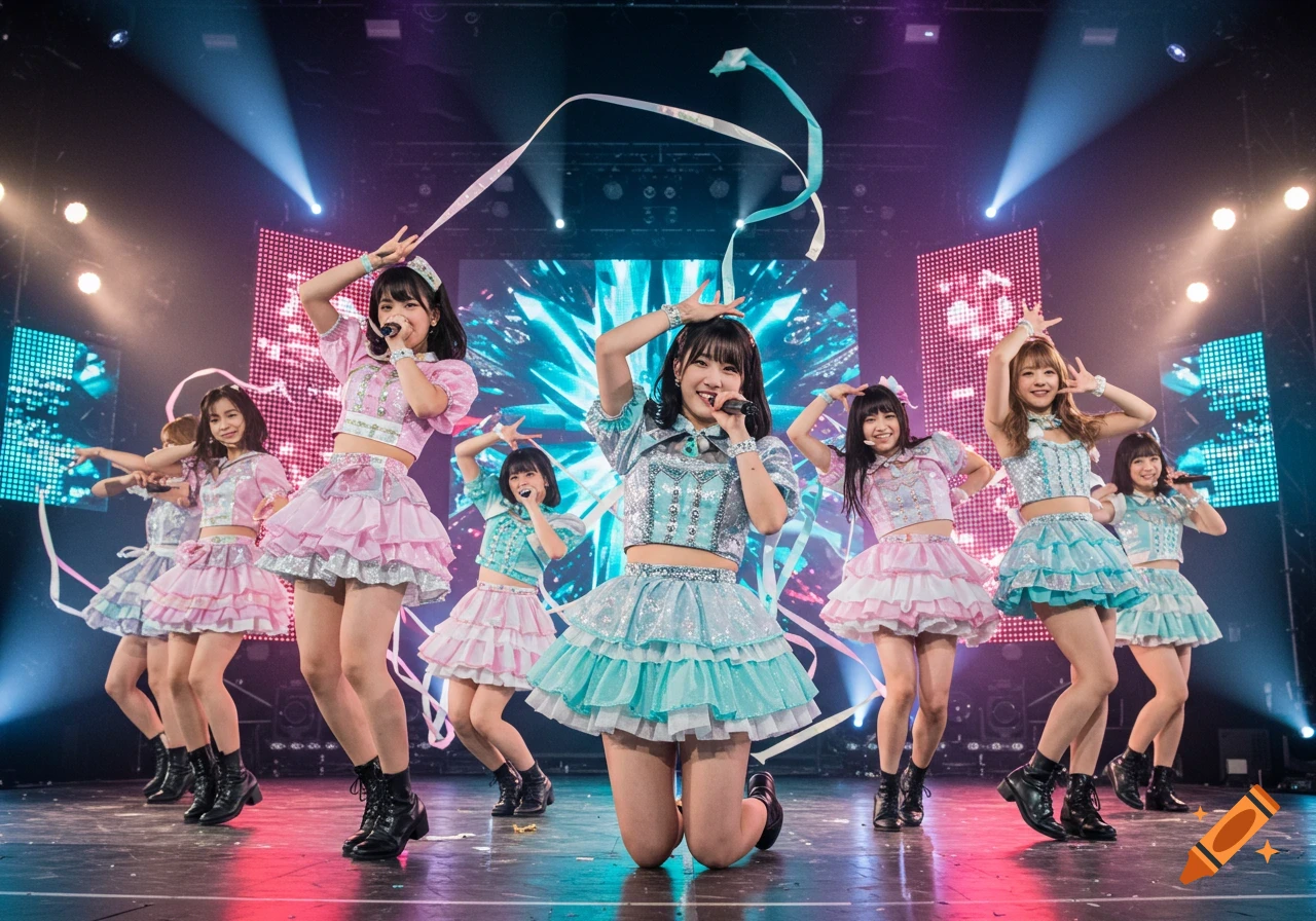 Japanese idol girls in sparkly pink and blue costumes performing on a ...